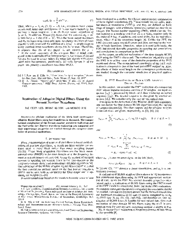 Pdf Realization Of Adaptive Digital Filters Using The Fermat Number Transform