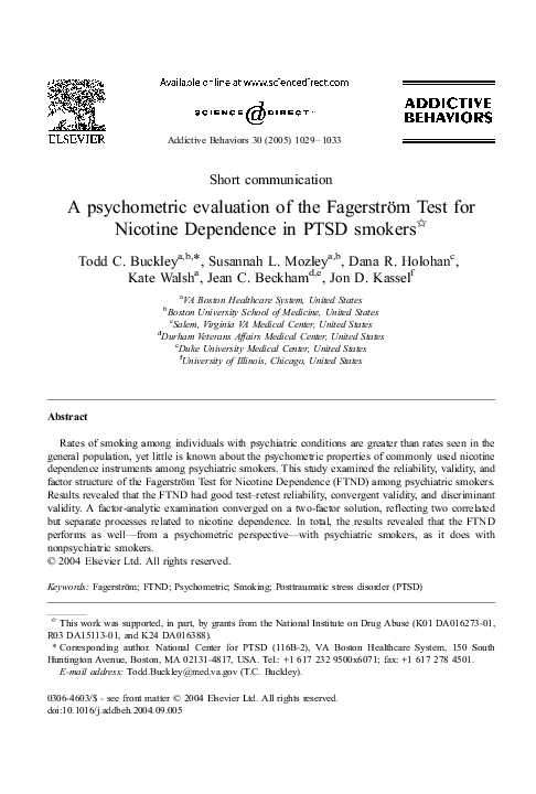 (PDF) A psychometric evaluation of the Fagerstrom Test for Nicotine ...