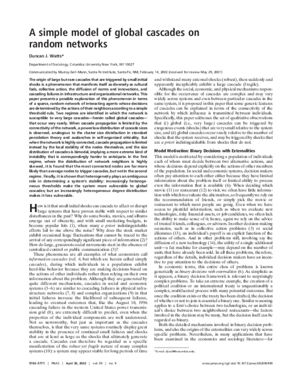 (PDF) A simple model of global cascades on random networks