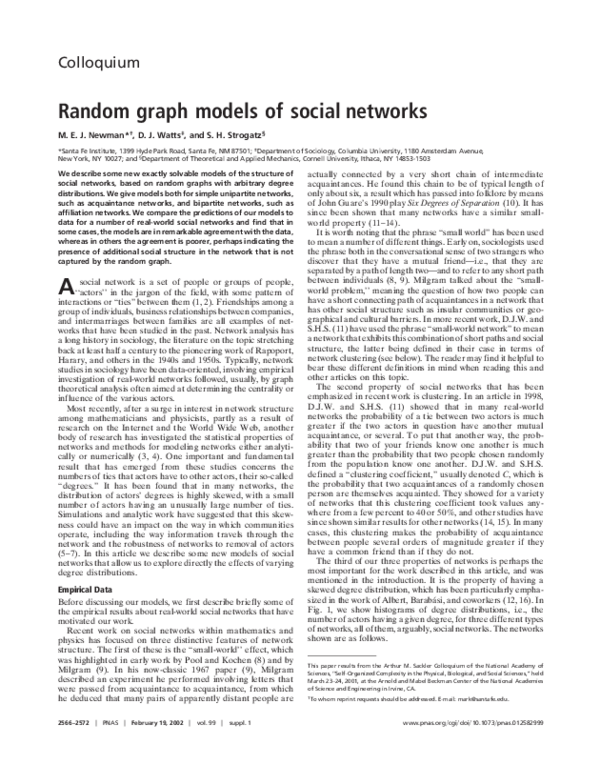 Pdf Random Graph Models Of Social Networks Duncan Watts