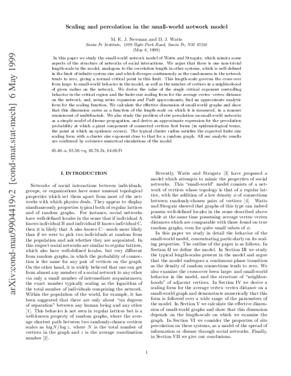 Pdf Scaling And Percolation In The Small World Network Model