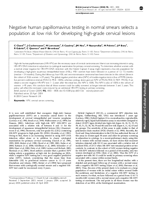 (PDF) Negative human papillomavirus testing in normal smears selects a ...