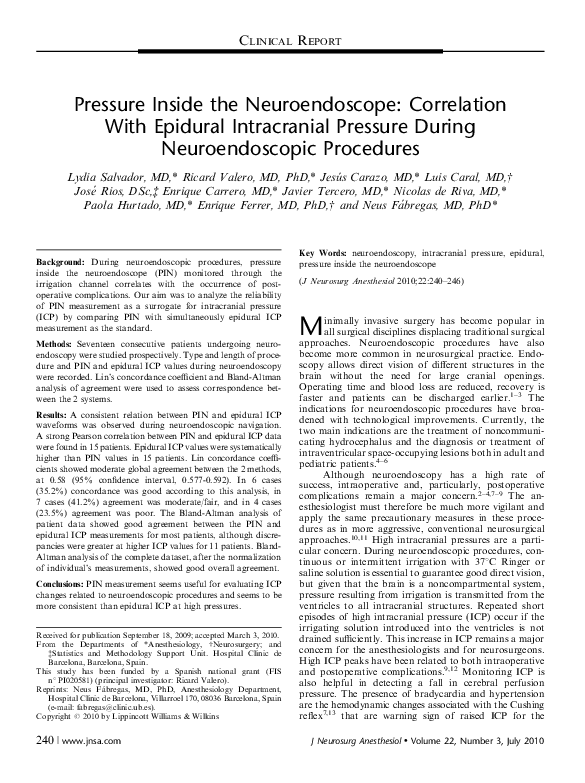 (PDF) Pressure Inside the Neuroendoscope: Correlation With Epidural ...