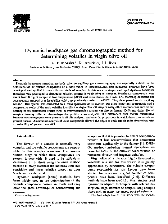 (PDF) Dynamic headspace gas chromatographic method for determining volatiles in virgin olive oil