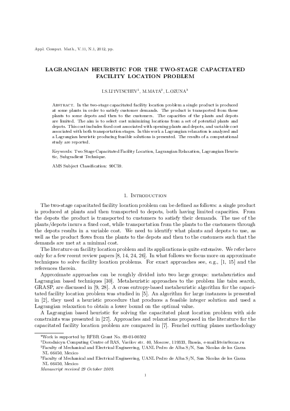 (PDF) Lagrangian heuristic for the two-stage capacitated facility location problem