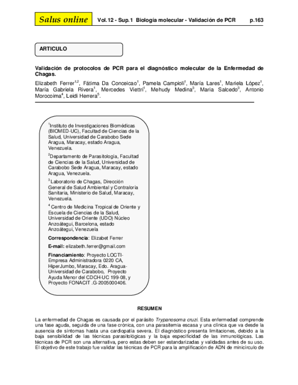 (PDF) Validación de protocolos de PCR para el diagnóstico molecular de la Enfermedad de Chagas