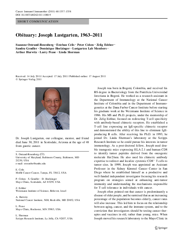 (PDF) Obituary: Joseph Lustgarten, 1963–2011