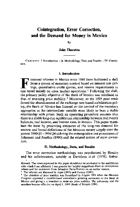 (PDF) Cointegration, error correction, and the demand for money in Mexico