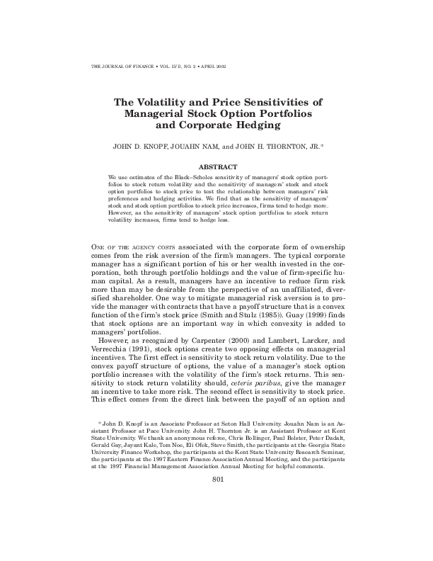 Pdf The Volatility And Price Sensitivities Of Managerial Stock Option Portfolios And Corporate