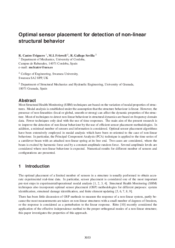 Pdf Optimal Sensor Placement For Detection Of Non Linear Structural