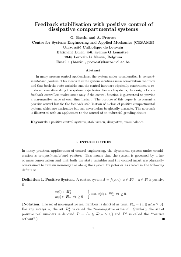 (PDF) Feedback stabilisation with positive control of dissipative compartmental systems ...