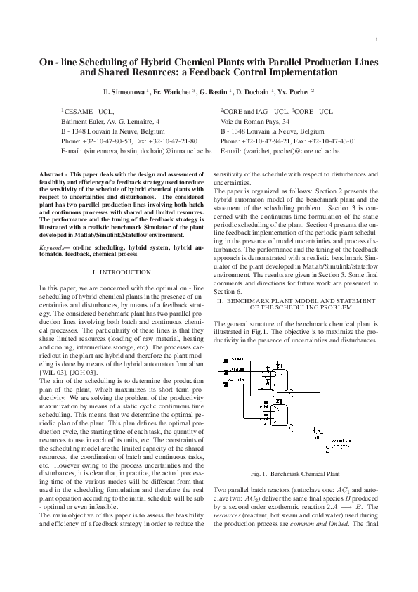 (PDF) On-line Scheduling of Hybrid Chemical Plants with Parallel Production Lines and Shared ...