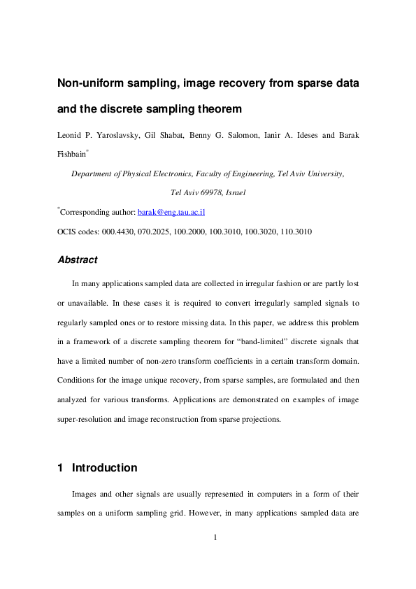 Pdf Non Uniform Sampling Image Recovery From Sparse Data And The Discrete Sampling Theorem