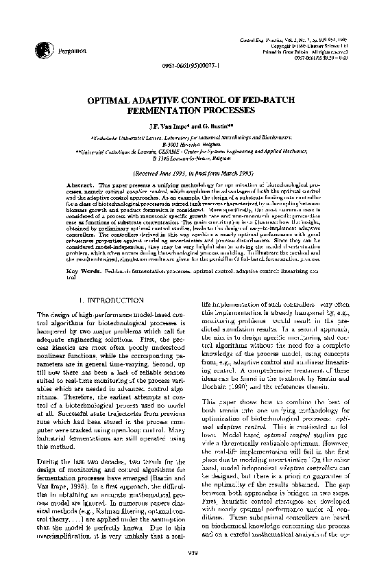 (PDF) Adaptive Control for Optimizing Fed-batch Fermentation