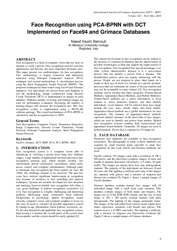 (PDF) Face Recognition using PCA-BPNN with DCT Implemented on Face94 and Grimace Databases