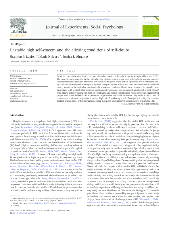 (PDF) Unstable high self-esteem and the eliciting conditions of self-doubt