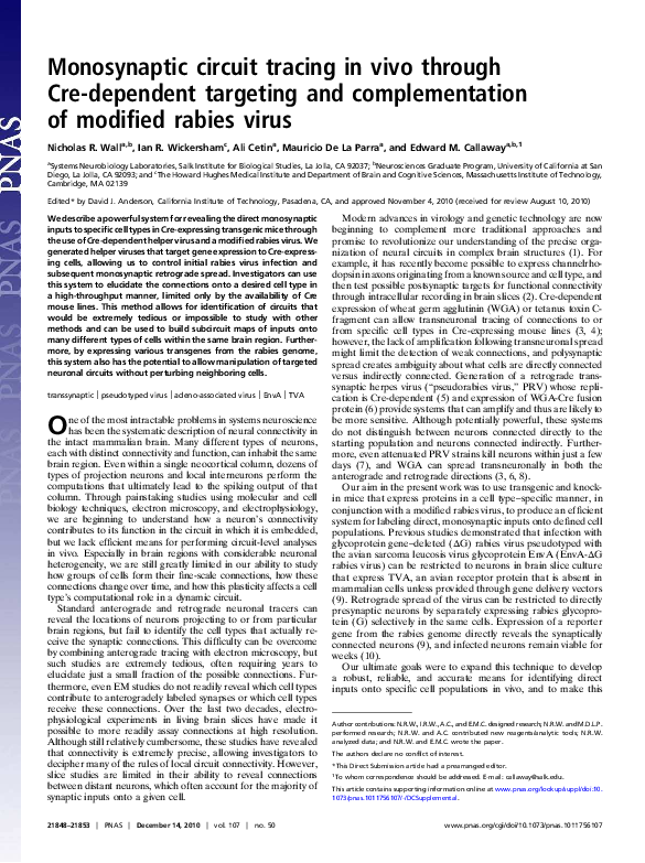 (PDF) Monosynaptic circuit tracing in vivo through Cre-dependent targeting and complementation ...