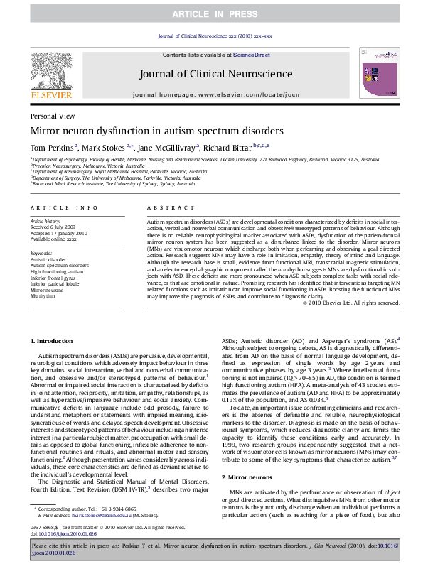 (PDF) Mirror neuron dysfunction in autism spectrum disorders