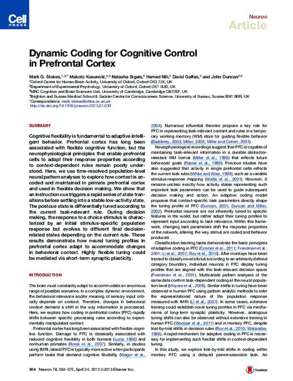 Pdf Dynamic Coding For Cognitive Control In Prefrontal Cortex