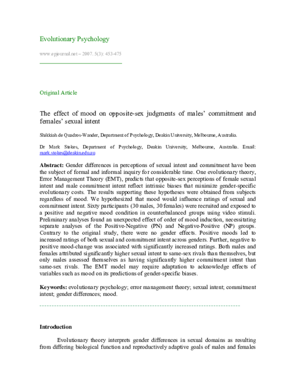 Pdf The Effect Of Mood On Opposite Sex Judgments Of Males Commitment