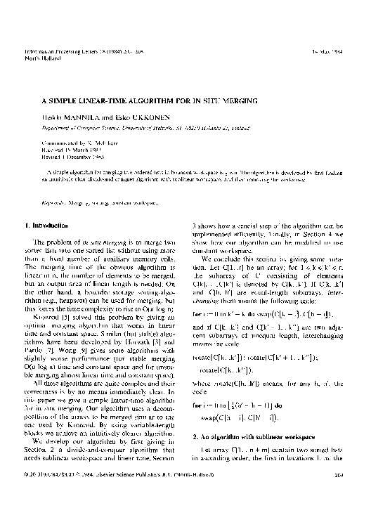 (PDF) A simple linear-time algorithm for in situ merging
