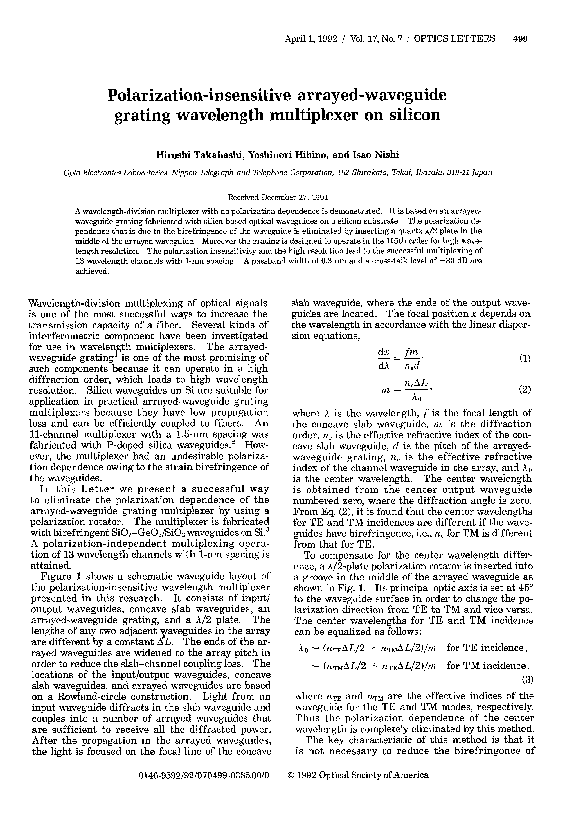 (PDF) Polarization-insensitive arrayed-waveguide grating wavelength multiplexer on silicon