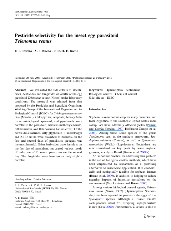 (PDF) Pesticide selectivity for the insect egg parasitoid Telenomus remus