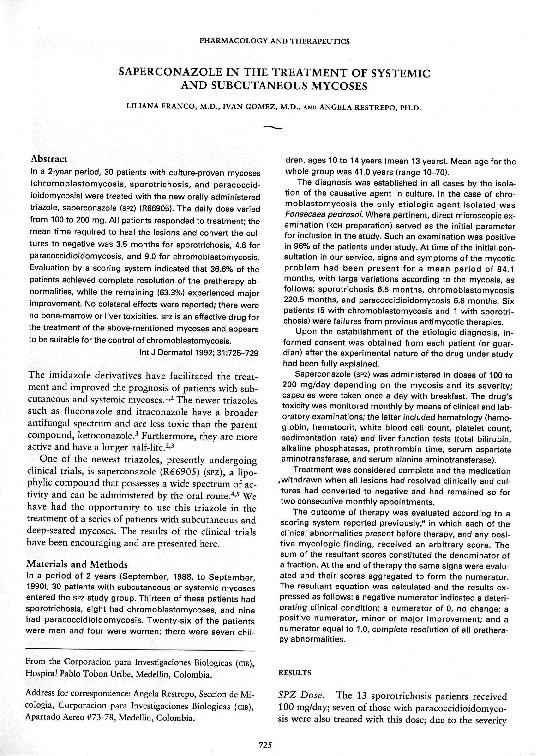 (PDF) SAPERCONAZOLE IN THE TREATMENT OF SYSTEMIC AND SUBCUTANEOUS MYCOSES