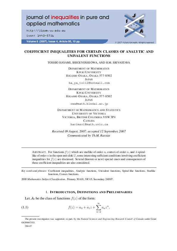 Pdf Coefficient Inequalities For Certain Classes Of Analytic And Univalent Functions