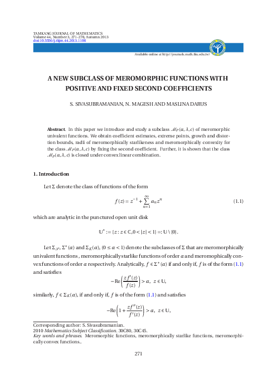 Pdf A New Subclass Of Meromorphic Function With Positive And Fixed