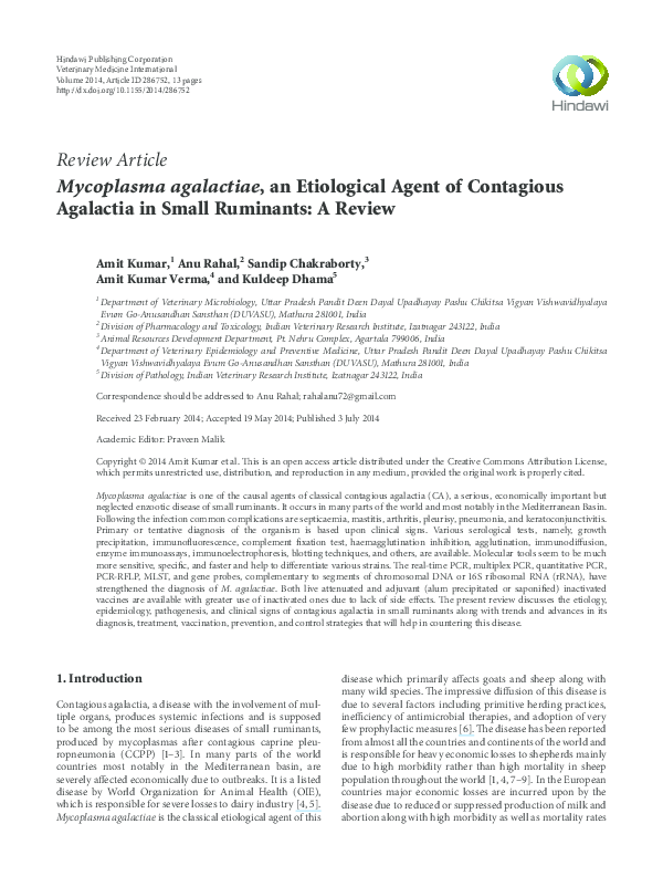 (PDF) Mycoplasma agalactiae , an Etiological Agent of Contagious ...
