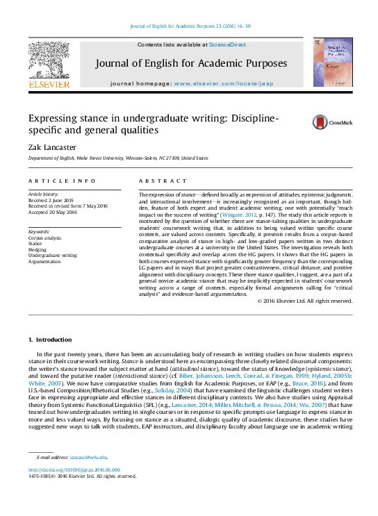 (PDF) Expressing stance in undergraduate writing: Discipline specific ...