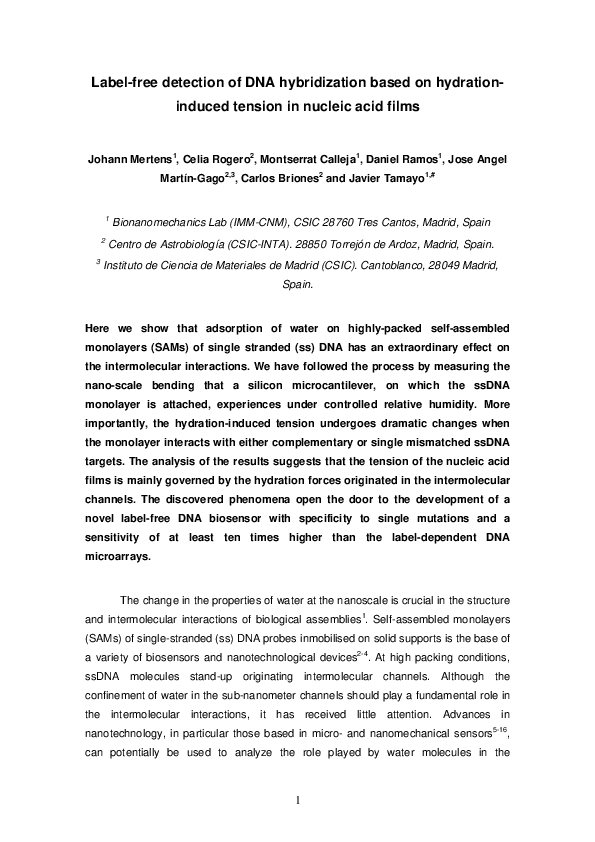 (PDF) Label-free detection of DNA hybridization based on hydration-induced tension in nucleic ...