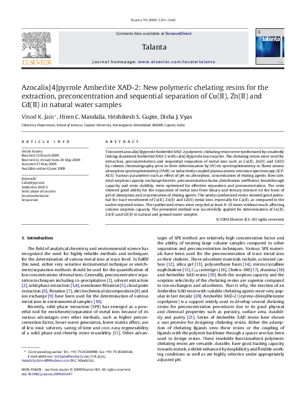 (PDF) Azocalix[4]pyrrole Amberlite XAD-2: New polymeric chelating resins for the extraction ...
