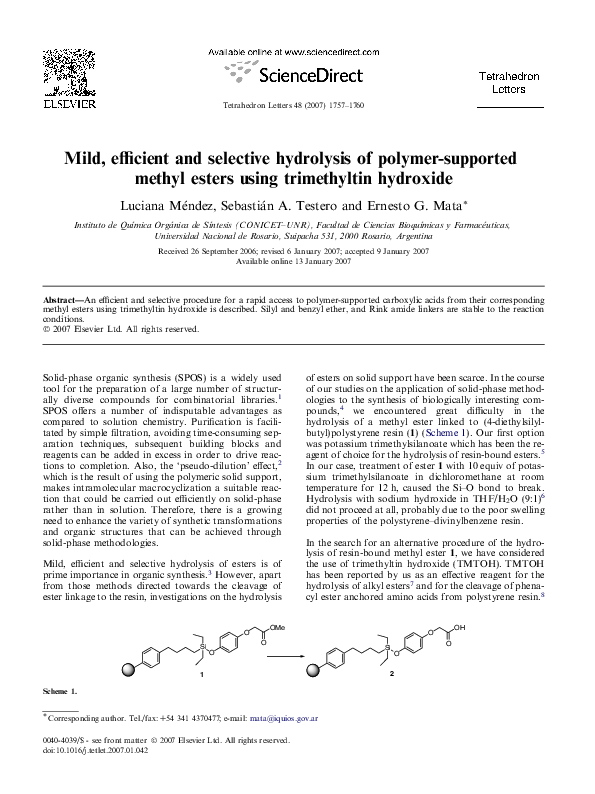 (PDF) Mild, efficient and selective hydrolysis of polymer-supported ...