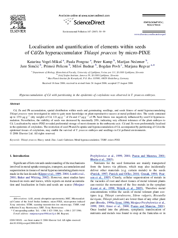 (PDF) Localisation and quantification of elements within seeds of Cd/Zn hyperaccumulator Thlaspi ...
