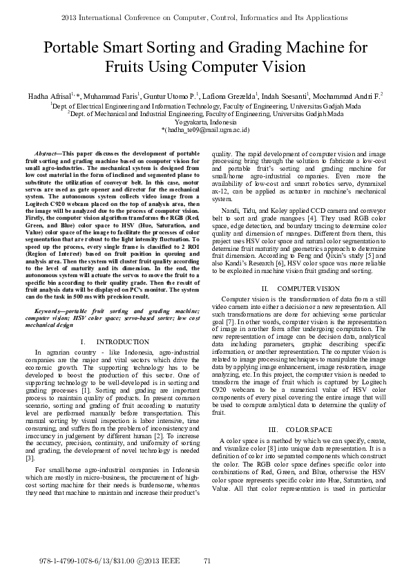 Pdf Portable Smart Sorting And Grading Machine For Fruits Using Computer Vision