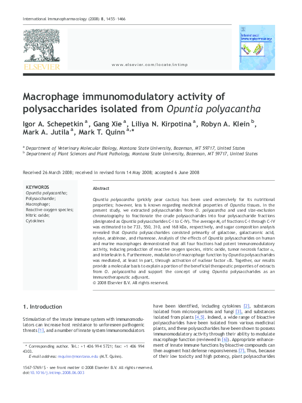 (PDF) Macrophage immunomodulatory activity of polysaccharides isolated from Opuntia polyacantha