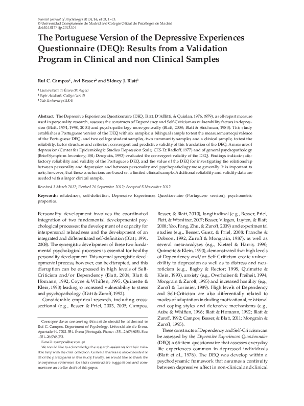 (PDF) The Portuguese Version of the Depressive Experiences ...