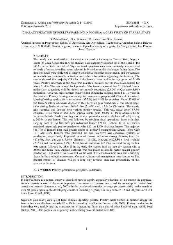 (PDF) CHARACTERIZATION OF POULTRY FARMING IN NIGERIA: A CASE STUDY OF ...