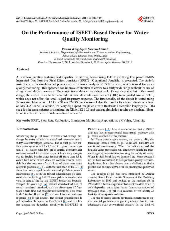 (PDF) On the Performance of ISFET-based Device for Water Quality Monitoring