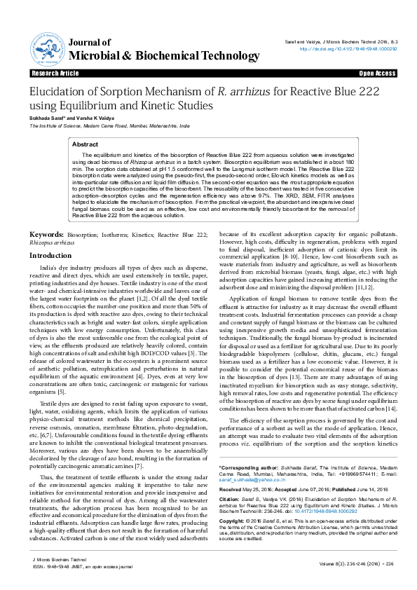 (PDF) Elucidation of Sorption Mechanism of R. arrhizus for Reactive Blue 222 using Equilibrium ...