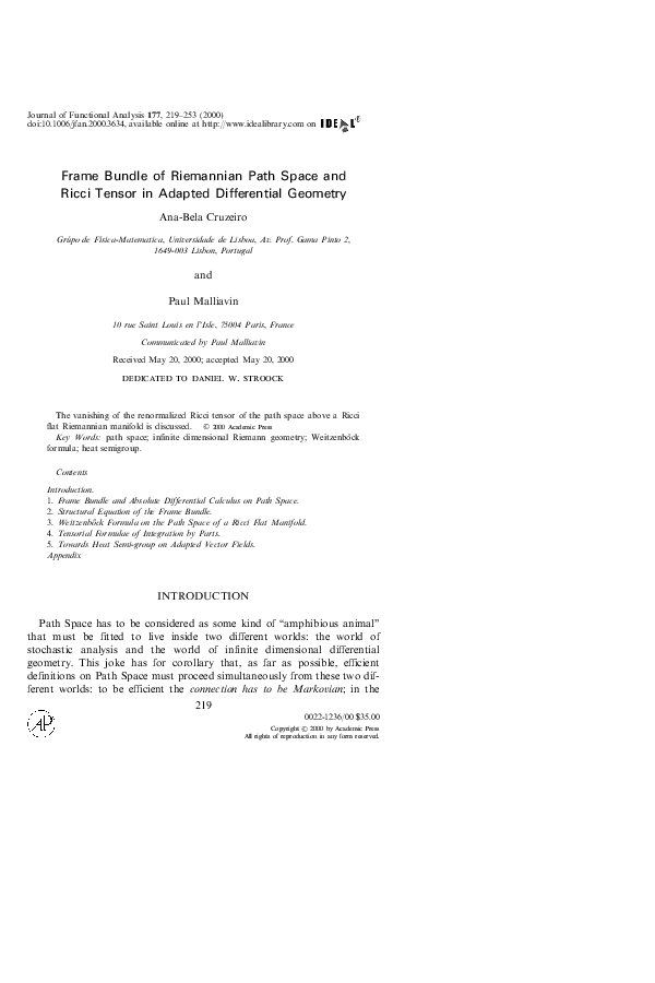(PDF) Frame Bundle of Riemannian Path Space and Ricci Tensor in Adapted Differential Geometry