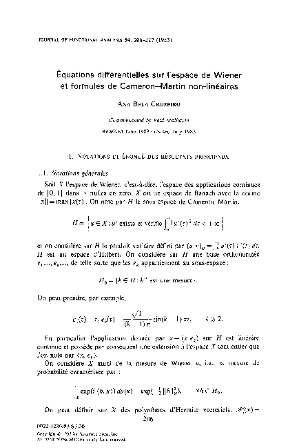(PDF) Équations différentielles sur l'espace de Wiener et formules de ...