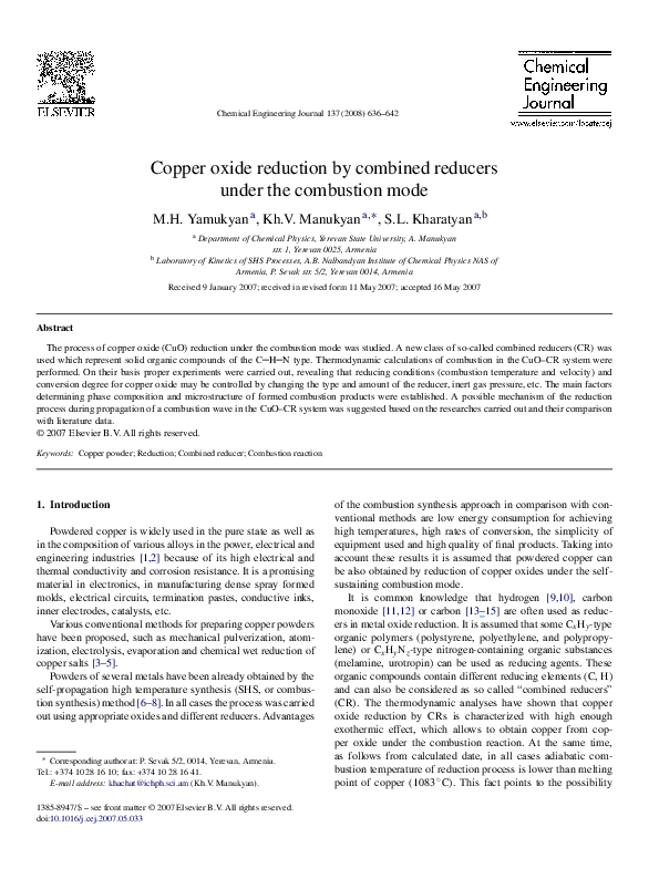 (PDF) Copper oxide reduction by combined reducers under the combustion mode