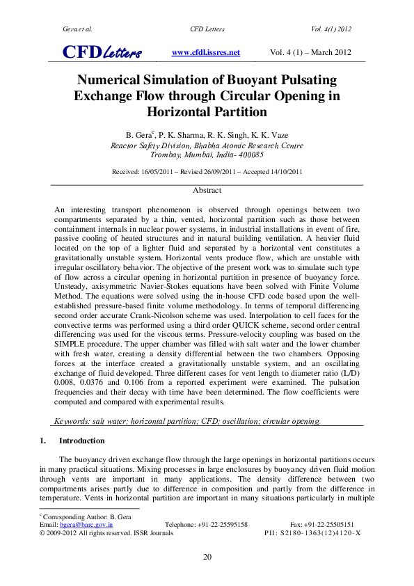 (PDF) Numerical Simulation of Buoyant Pulsating Exchange Flow through Circular Opening in ...