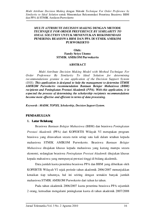 Pdf Multi Attribute Decision Making Dengan Metode Technique For Order Preference By Similarity