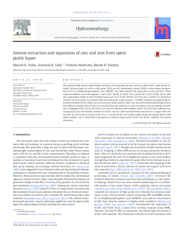 (PDF) Solvent extraction and separation of zinc and iron from spent ...