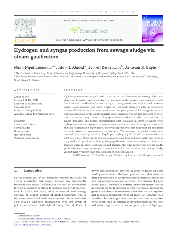 (PDF) Hydrogen and syngas production from sewage sludge via steam ...