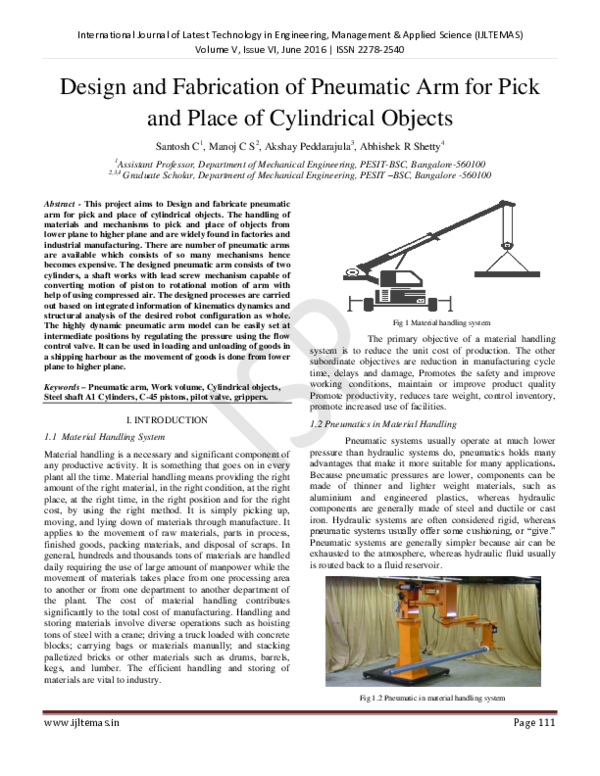 (PDF) Design and Fabrication of Pneumatic Arm for Pick and Place of ...